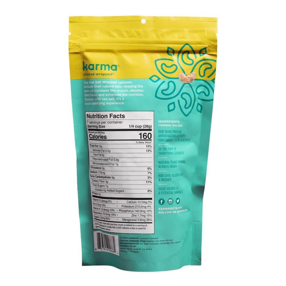 Karma Nuts Sea Salt Wrapped® Cashews, air roasted, salted, higher fiber ...